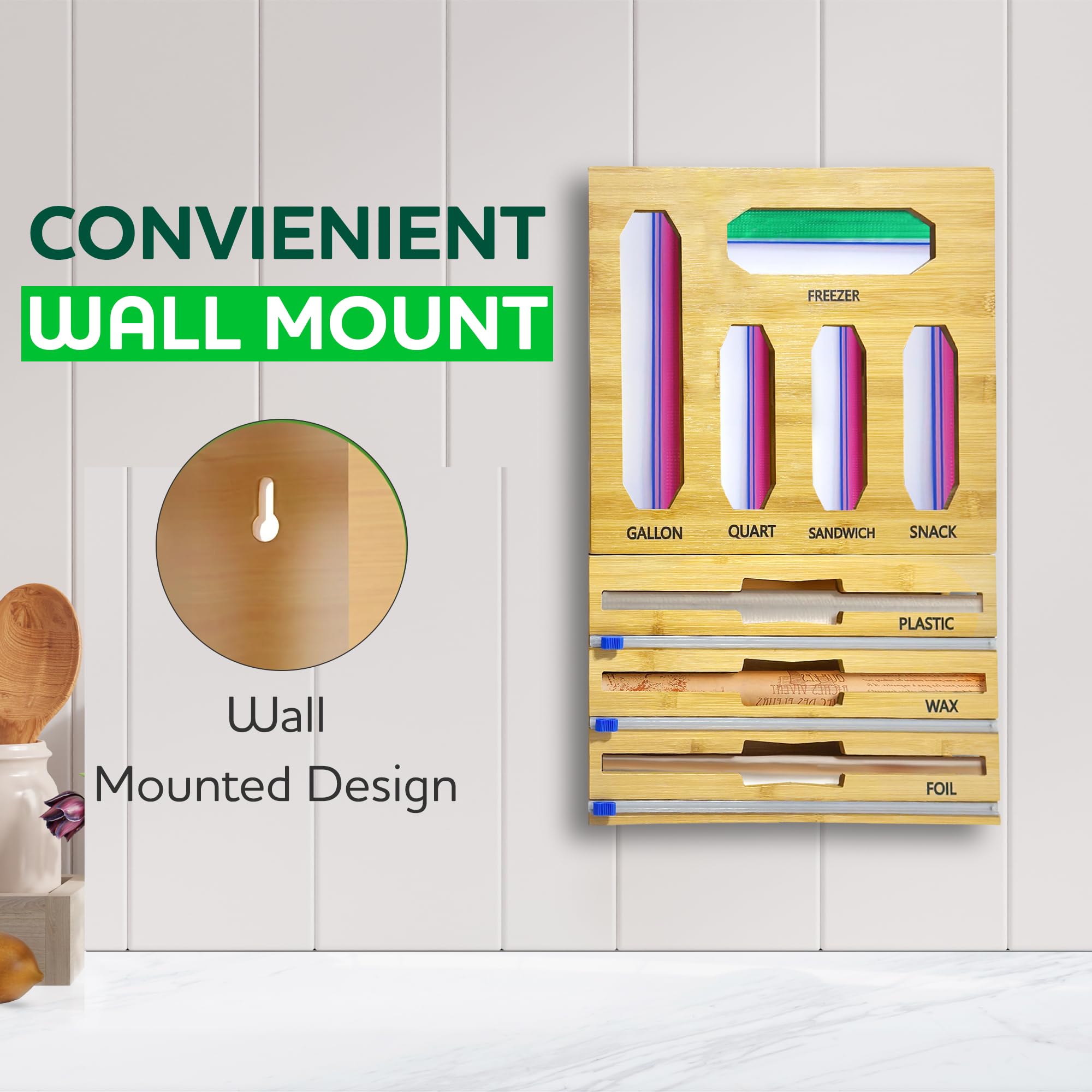 Bamboo Zip Lock Bag Kitchen Drawer Organizer - 9-in-1 Wrap Dispense with Cutter, Compatible with Gallon, Quart, Sandwich, and Snack Bags