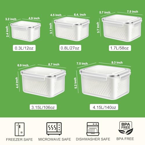 Elwichen 5 Pack Fruit Storage Containers for Fridge with Removable Colander, Produce Containers BPA-free Fridge Organizer to Keep Berry Lettuce Vegetable Fresh, Dishwasher & Microwave Safe