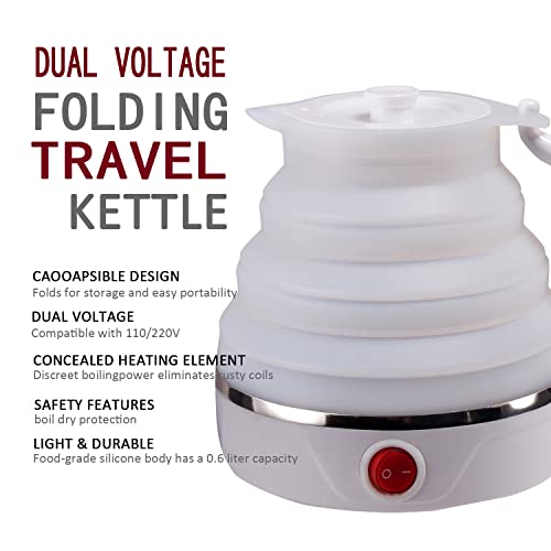 T-magitic Travel Kettle, Fordable Electric kettle, Collapsible Kettle Dual Voltage,boil water, with make tea coffee,Food Grade Silicone Small Electric Kettle(600ML,110V/220V ) (White)