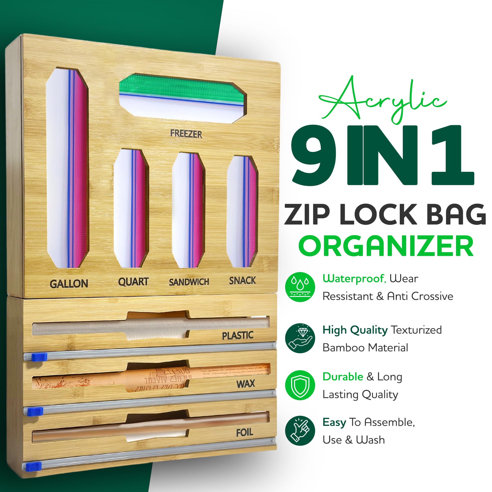 Bamboo Zip Lock Bag Kitchen Drawer Organizer - 9-in-1 Wrap Dispense with Cutter, Compatible with Gallon, Quart, Sandwich, and Snack Bags