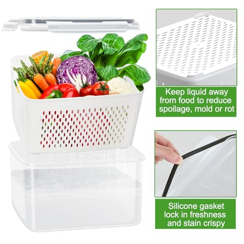 Elwichen 5 Pack Fruit Storage Containers for Fridge with Removable Colander, Produce Containers BPA-free Fridge Organizer to Keep Berry Lettuce Vegetable Fresh, Dishwasher & Microwave Safe