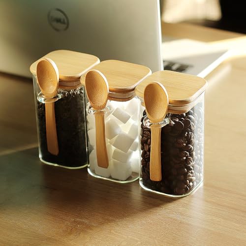 SAIOOL Glass Jars Set of 3 * 15 OZ-Food Storage Containers Clear Kitchen Canister with Bamboo Spoon Airtight For Serving Candy,Coffee Tea, Flour, Sugar, Cookie, Cereal(Square