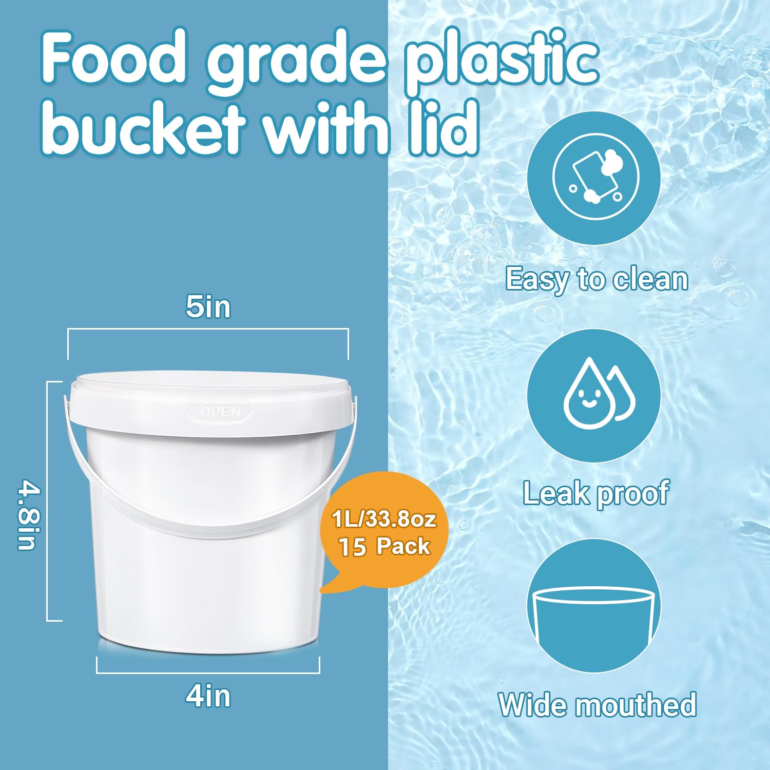 ASEVAT Clear Plastic Bucket with Lids and Handles, Reusable Food Storage Containers, Rum Buckets for Drinks for Snacks Deli Food Fruit, Cocktail, Leak Proof Bucket (White, 1 Quart)