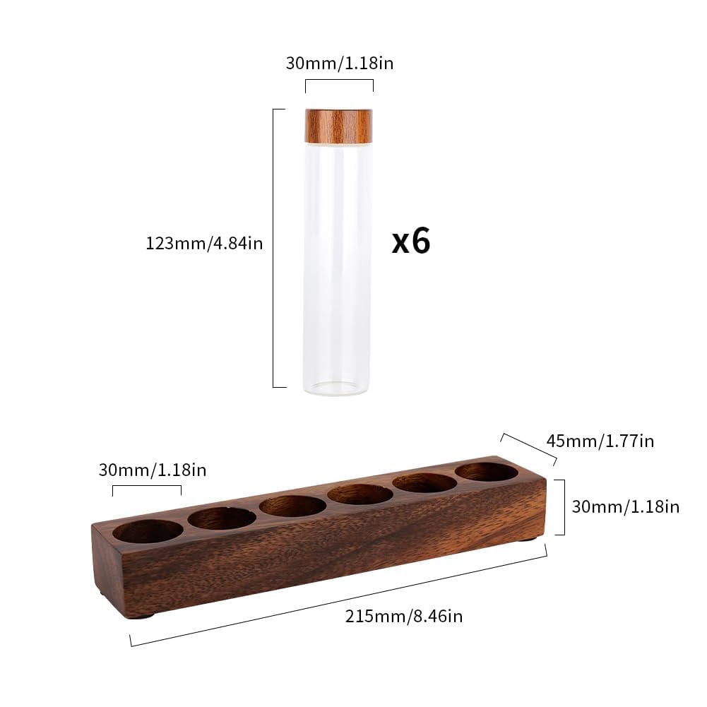 watchget 6-Piece Single Dose Coffee Bean Storage Kit with Walnut Wood Base, Glass Vials & Funnel - Airtight Dosing Canisters for Barista Home Brewing, 6 Tubes