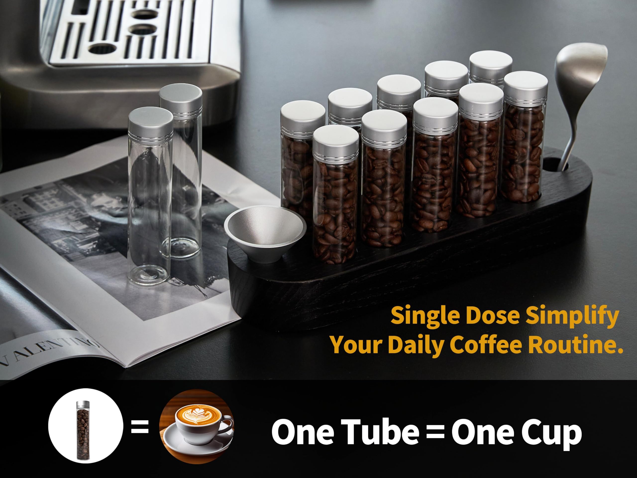 Coosigar Coffee Bean Container, Single Dose Coffee Bean Storage,10PCS Coffee bean cellar container with black wooden stand and funnel coffee spoon.(Black wood+Silver lids)