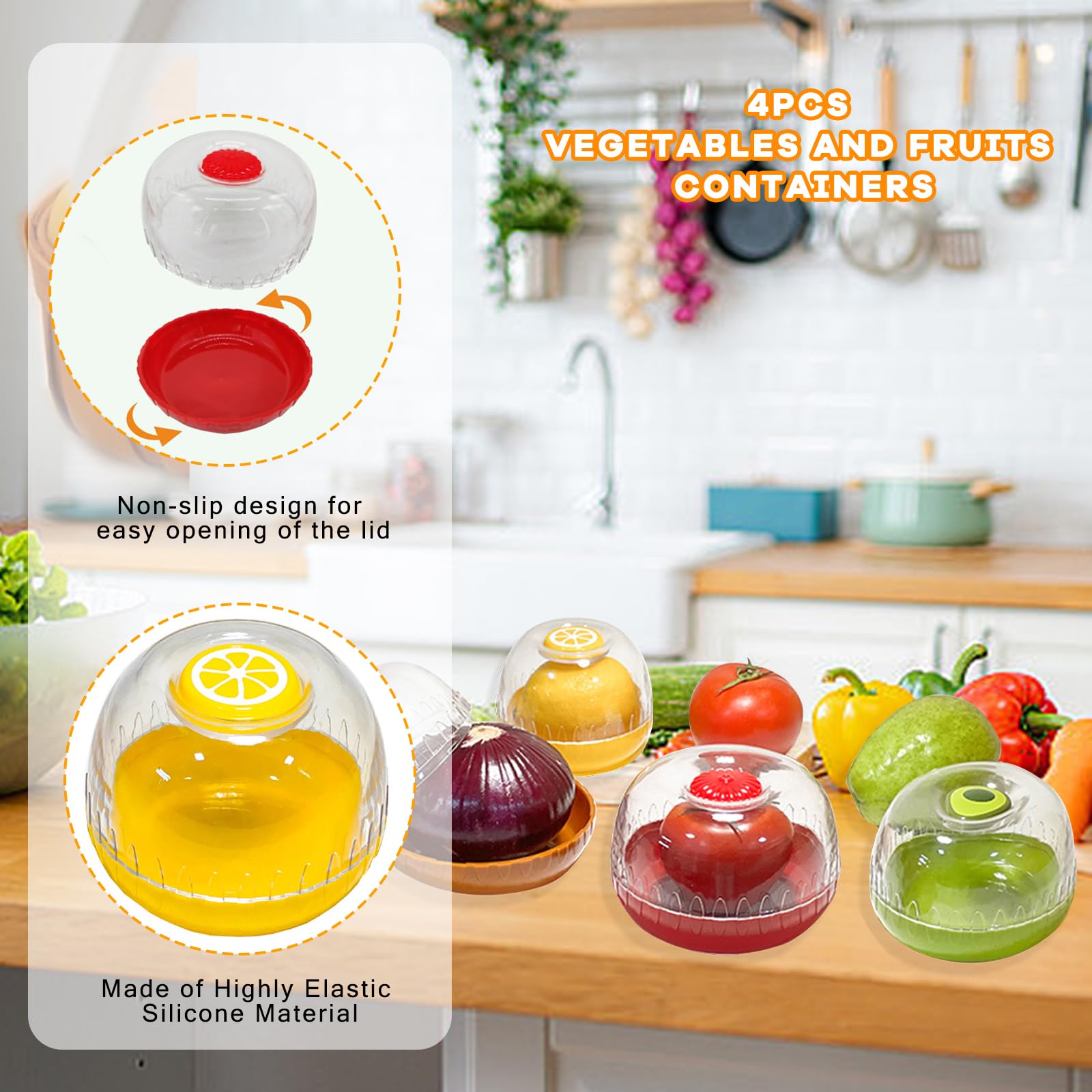 4 Pcs Vegetable and Fruit Storage Containers for Fridge, Refrigerator Vegetable Crisper Makes Food Stays Fresh Longer, BPA Free & Reusable, Ideal Avocado Lemon Tomato and Onion Keeper/Saver/Holder (B)
