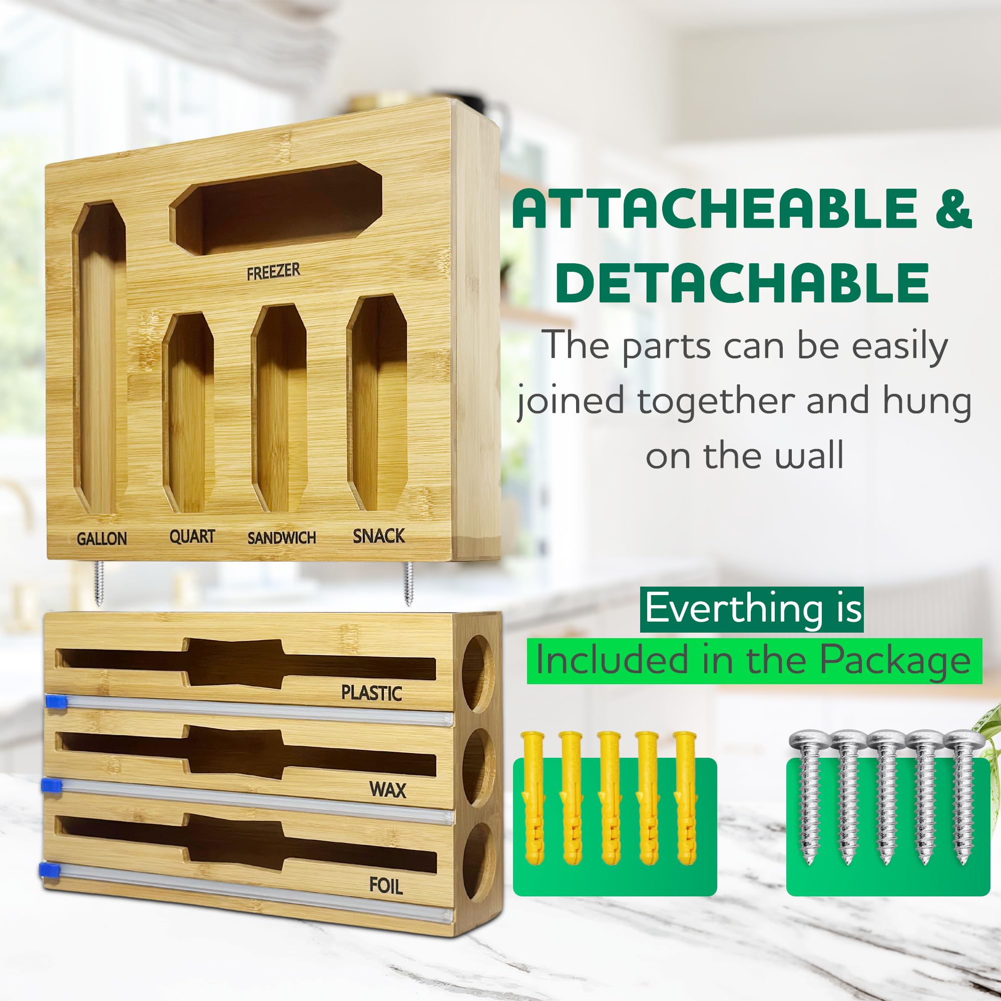 Bamboo Zip Lock Bag Kitchen Drawer Organizer - 9-in-1 Wrap Dispense with Cutter, Compatible with Gallon, Quart, Sandwich, and Snack Bags