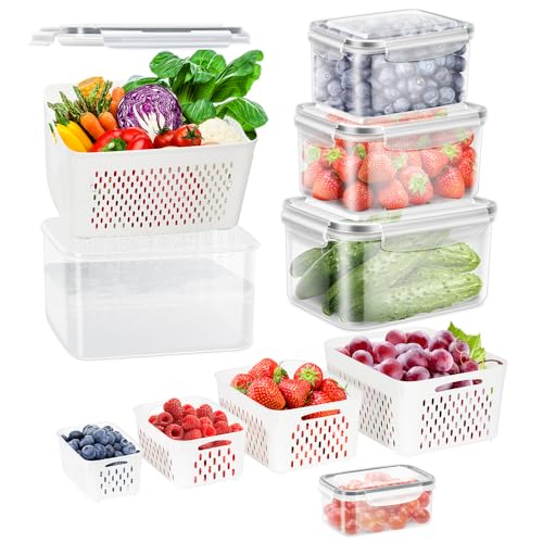 Elwichen 5 Pack Fruit Storage Containers for Fridge with Removable Colander, Produce Containers BPA-free Fridge Organizer to Keep Berry Lettuce Vegetable Fresh, Dishwasher & Microwave Safe