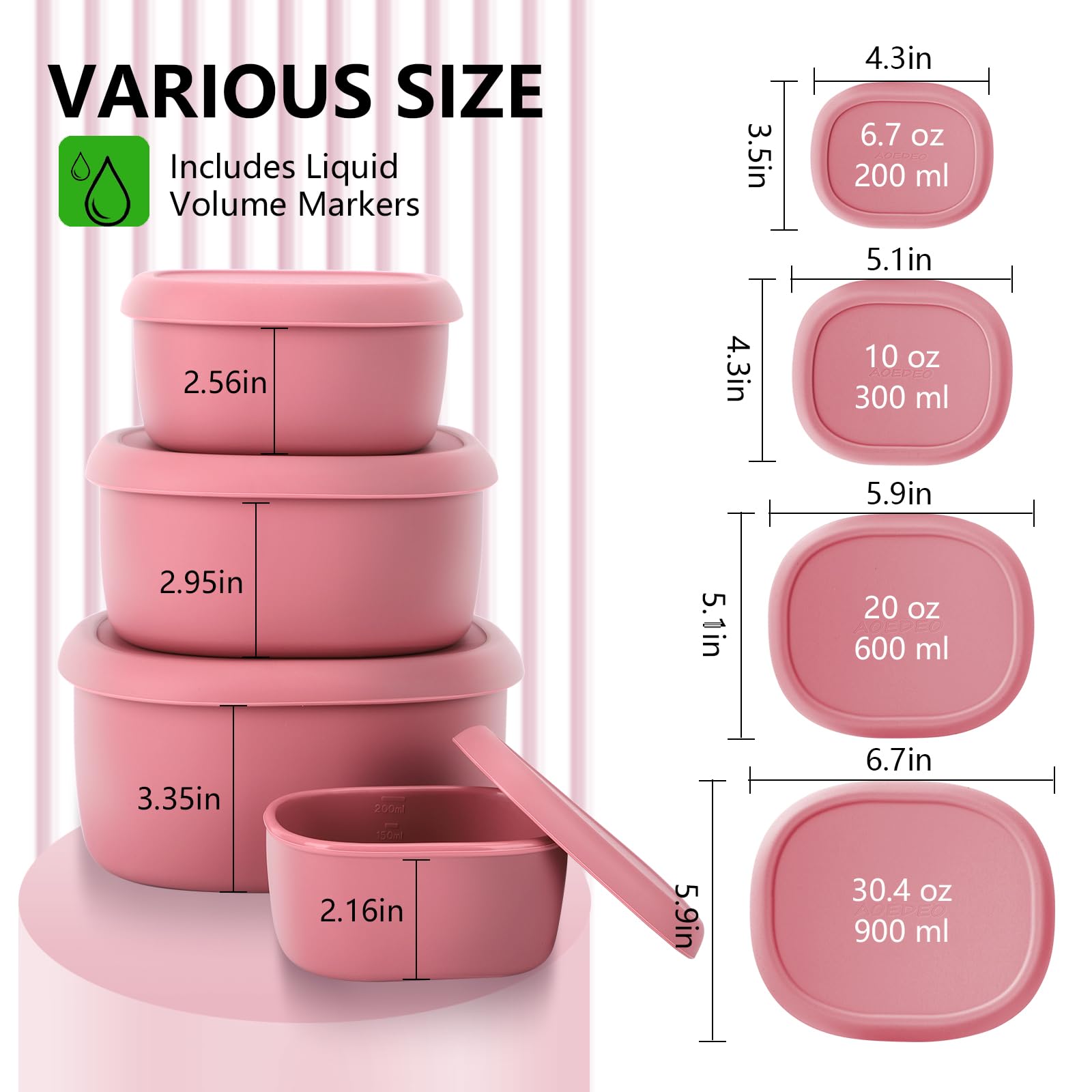 AOEDEO 4Pcs Silicone Food Storage Containers with Lids,BPA Free Reusable Silicone Storage Containers for Food Silicone Freezer Containers Freezer Dishwasher Safe (33.8oz, 20oz, 10oz, 6.7oz) (pink)