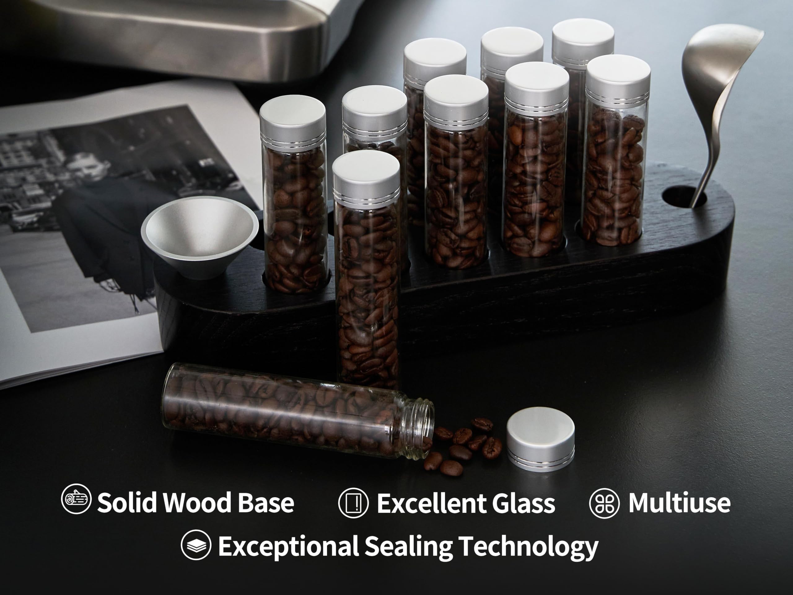 Coosigar Coffee Bean Container, Single Dose Coffee Bean Storage,10PCS Coffee bean cellar container with black wooden stand and funnel coffee spoon.(Black wood+Silver lids)