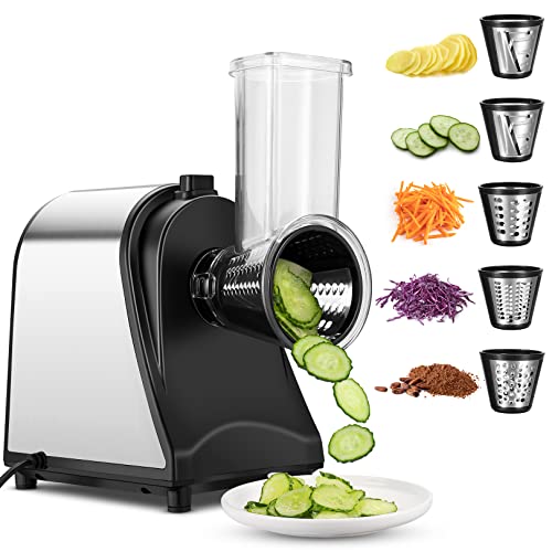 Electric Cheese Grater 250W Salad Maker 5-in-1 Professional Electric Slicer/Shredder One-Touch Control Powerful Electric Grater for Fruits and Vegetables, Cheese