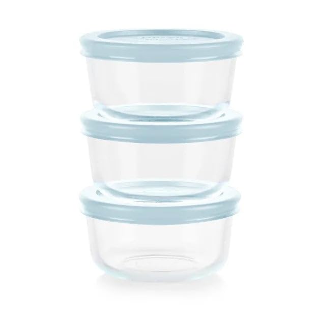 PyrexÂź Simply StoreÂź 6-piece 1-cup Round Glass Storage Set with Cloud Blue Lids