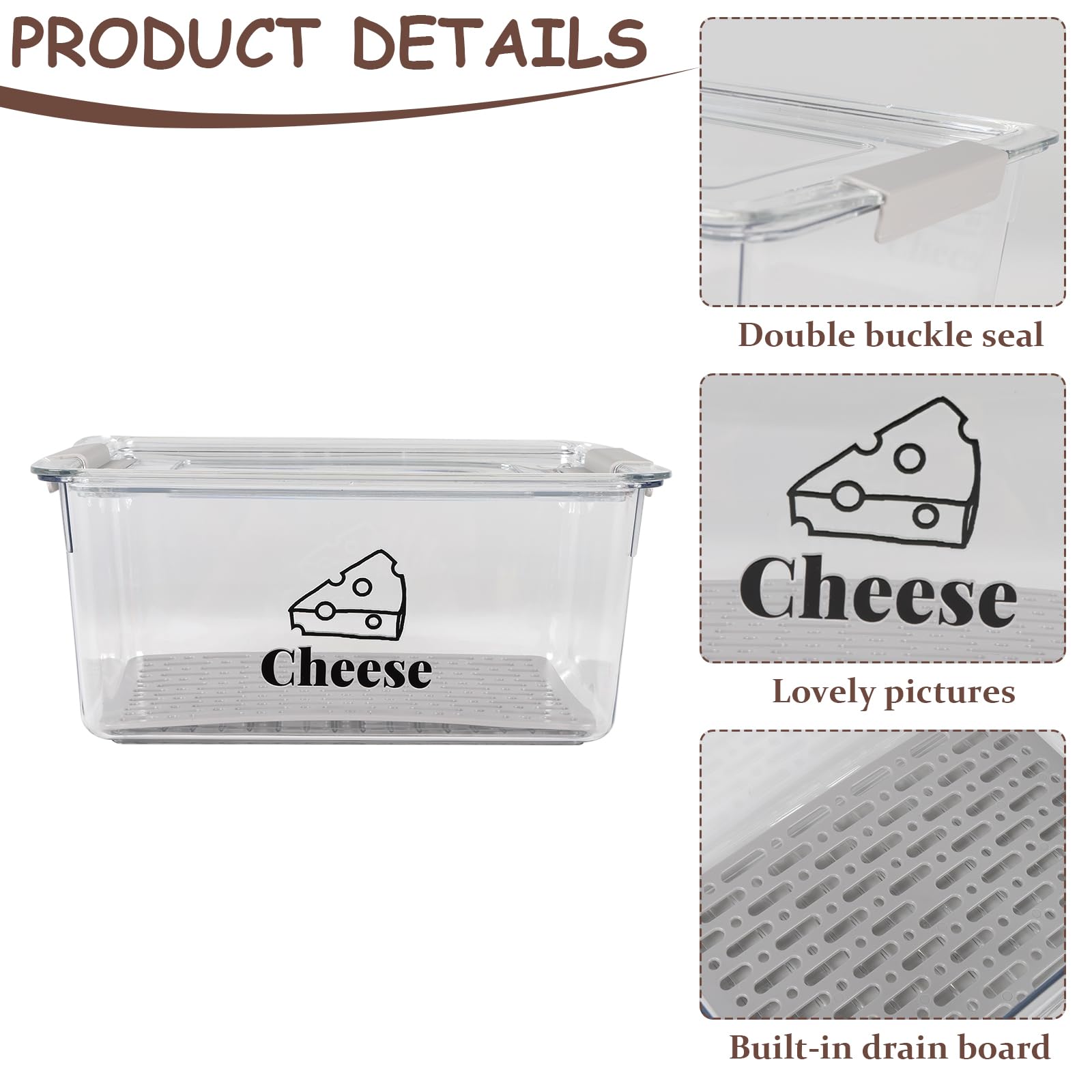 Yomjarl Cheese Container Airtight with Draining Basket Cream Cheese Sliced Cheese Box with Lid Cheese Saver for Fridge Cheese Keeper Cream Block Shredded Cheese Storage Box Saver Clear