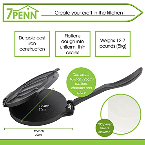 7Penn Cast Iron Tortilla Press 10in - Corn Tortilla Press Roti Maker Flour Tortillas Presser with 100 Cooking Sheets