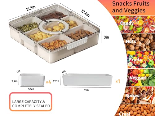 Extra Large Fruit Storage Containers for Fridge,Divided Serving Tray with Lid and Handle,Snackle Box Charcuterie Container for Portable Snack Platters,Clear Organizer for Party,Entertaining,Fruit,Nuts