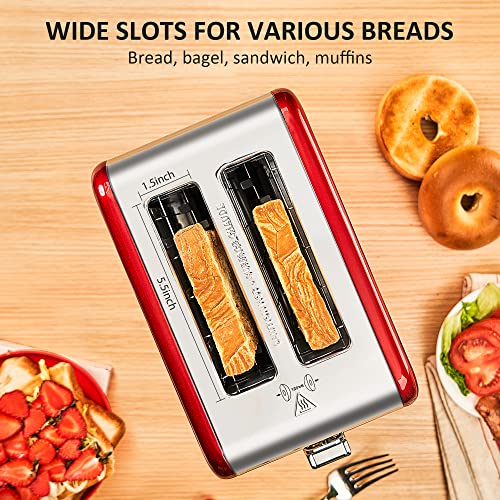 REDMOND 2 Slice Toaster Stainless Steel Toaster Wide Slots with Bagel Defrost Cancel Function 6 Bread Shade Settings for Bread waffles Auto Shutoff Red