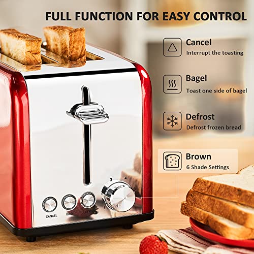 REDMOND 2 Slice Toaster Stainless Steel Toaster Wide Slots with Bagel Defrost Cancel Function 6 Bread Shade Settings for Bread waffles Auto Shutoff Red