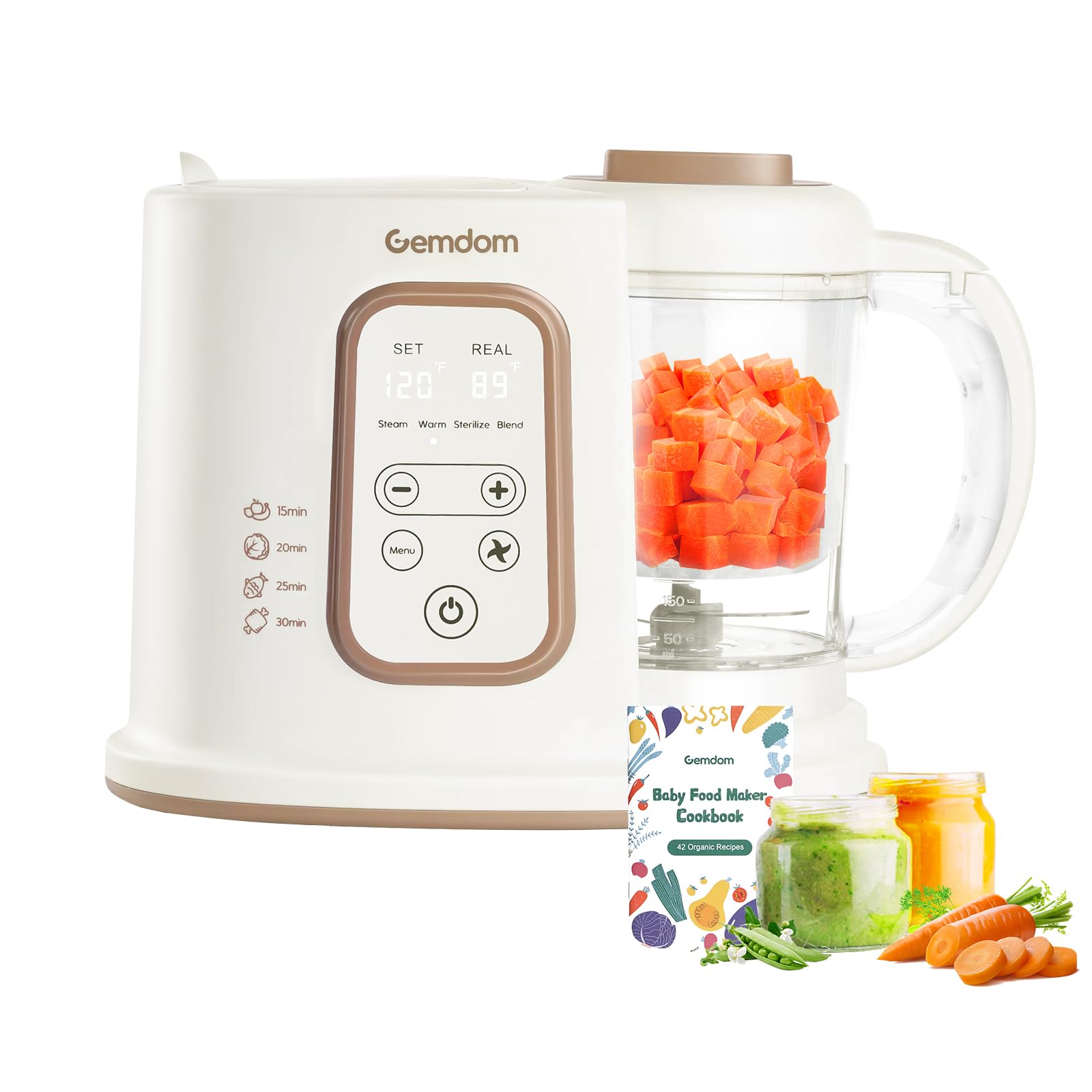 Gemdom Large 4.5 Cup Baby Food Maker, 4-1 Steamer and Blender Food Processor for Homemade Organic Puree Smoothie Mash, Sterilize and Warm Function, 6 Pack Reusable Food Pouches, Baby Essentials