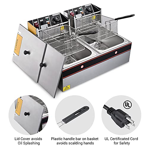 WeChef Commercial Deep Fryer 24L 5000W with Dual Tank Baskets Stainless Steel Electric Countertop Fryer for Restaurant Bar