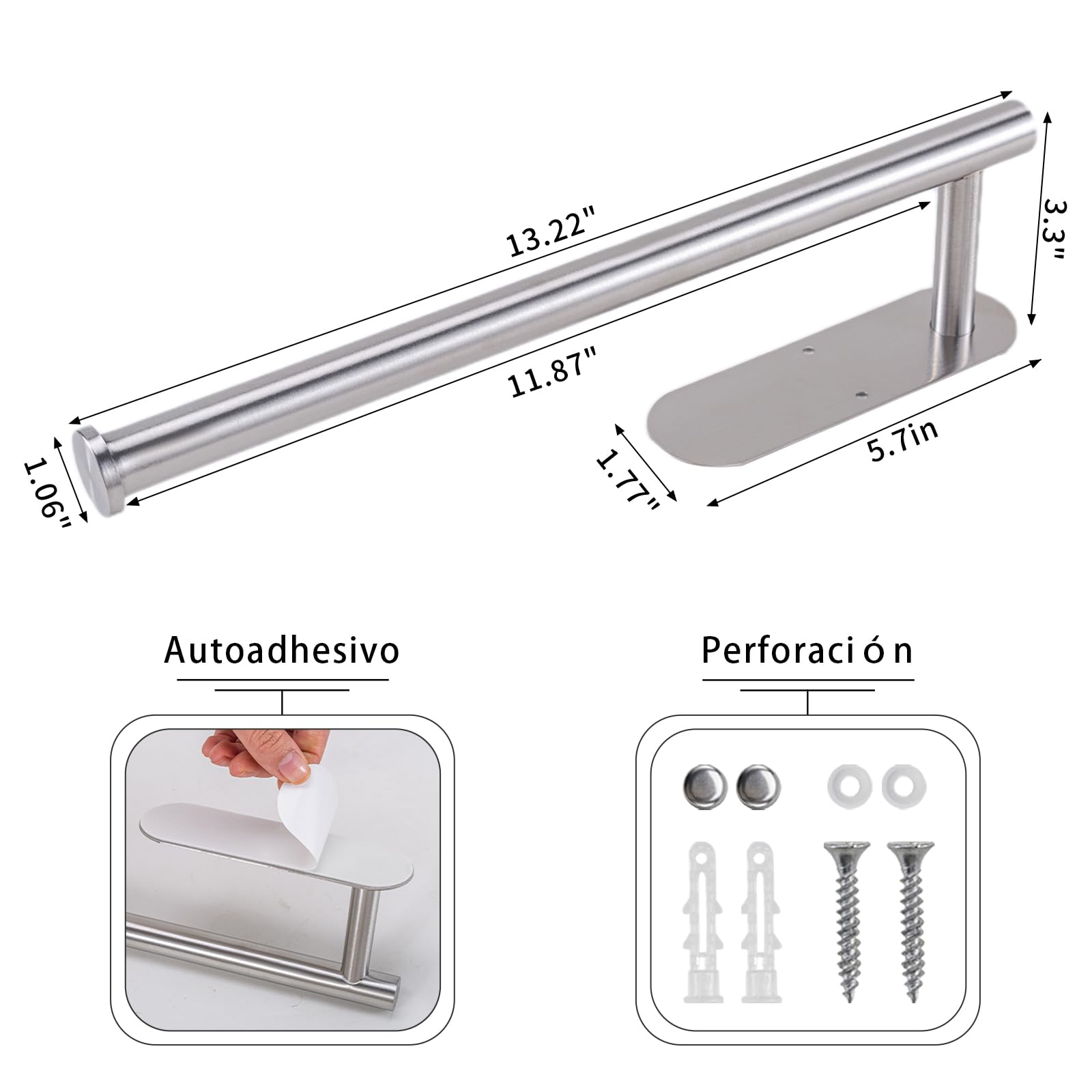 Foyou Paper Towel Holder Under Cabinett Countertop Wall Mount for Kitchen Bathroom Pantry Sink Countertop Counter,SUS304 Stainless Steel PaperTowel Rack Self Adhesive or Drilling,Silvery