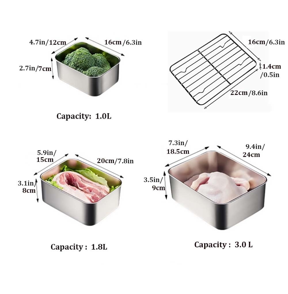GRFELI Stainless Steel Food Container with Lid, 3-Piece Food Storage Container, Meal Prep Container, Ice Cream Container, Refrigerator Freezer Safe, Dishwasher/Oven Safe (Lid Not Included)