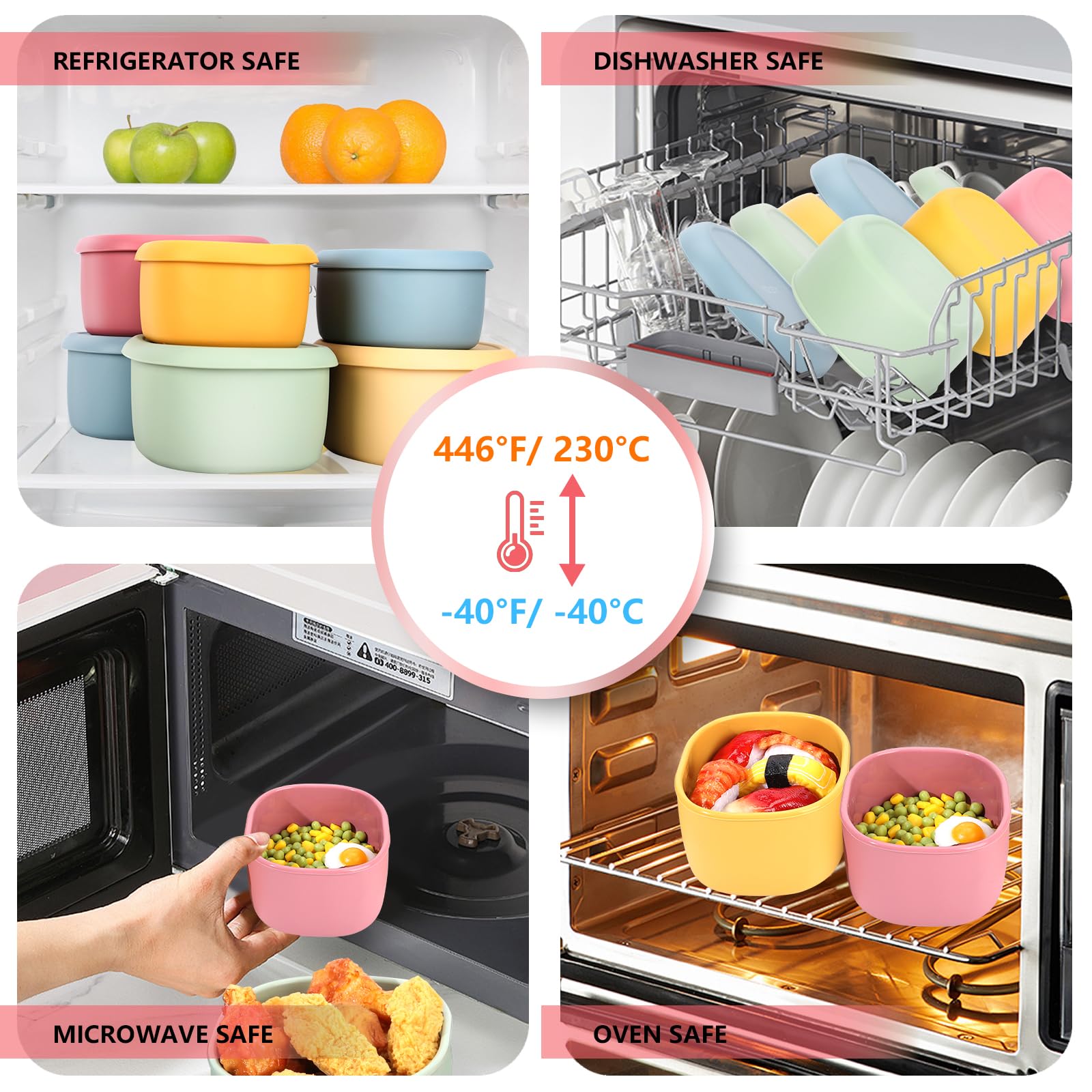 AOEDEO 4Pcs Silicone Food Storage Containers with Lids,BPA Free Reusable Silicone Storage Containers for Food Silicone Freezer Containers Freezer Dishwasher Safe (33.8oz, 20oz, 10oz, 6.7oz) (pink)