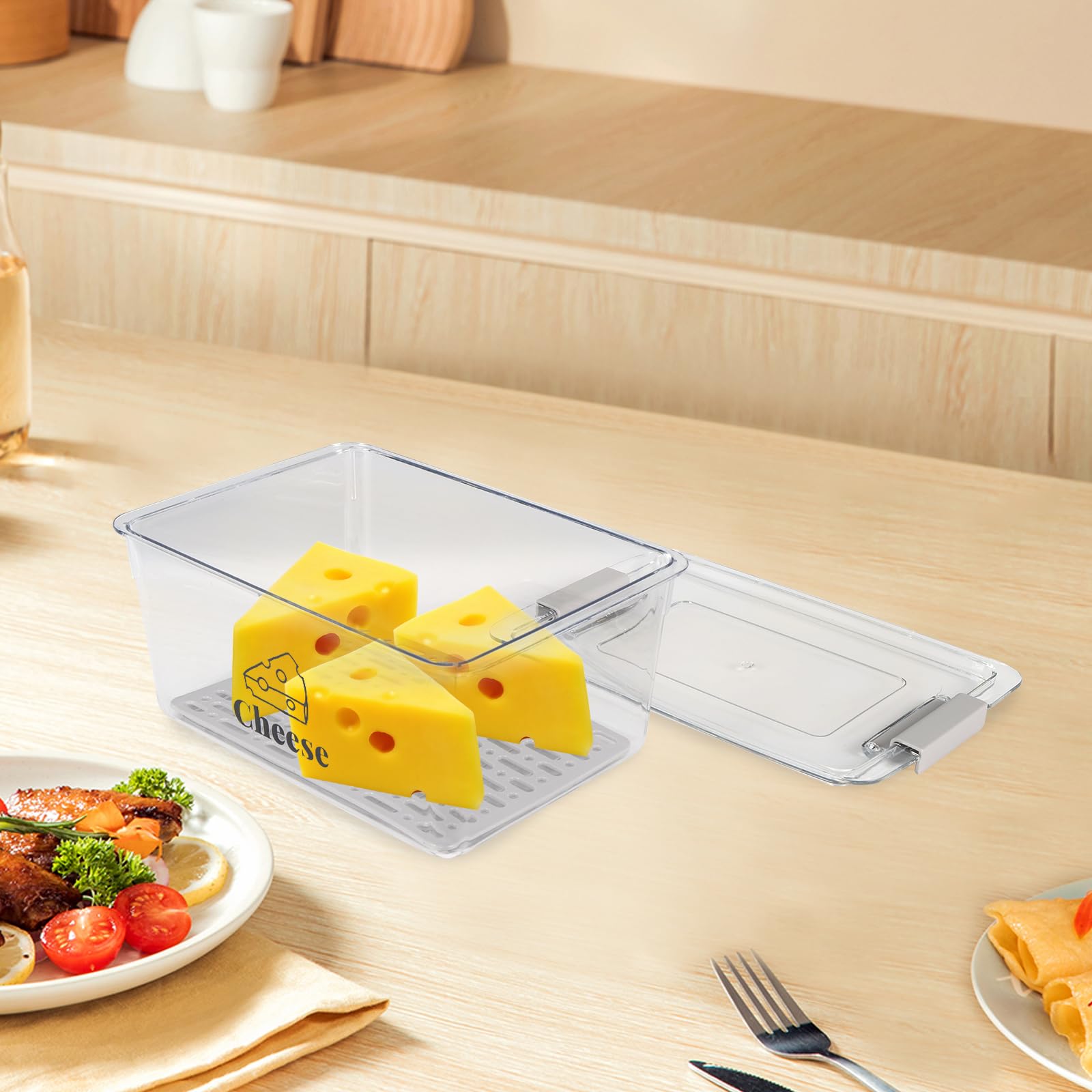 Yomjarl Cheese Container Airtight with Draining Basket Cream Cheese Sliced Cheese Box with Lid Cheese Saver for Fridge Cheese Keeper Cream Block Shredded Cheese Storage Box Saver Clear