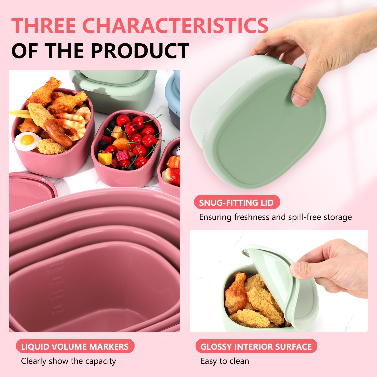 AOEDEO 4Pcs Silicone Food Storage Containers with Lids,BPA Free Reusable Silicone Storage Containers for Food Silicone Freezer Containers Freezer Dishwasher Safe (33.8oz, 20oz, 10oz, 6.7oz) (pink)