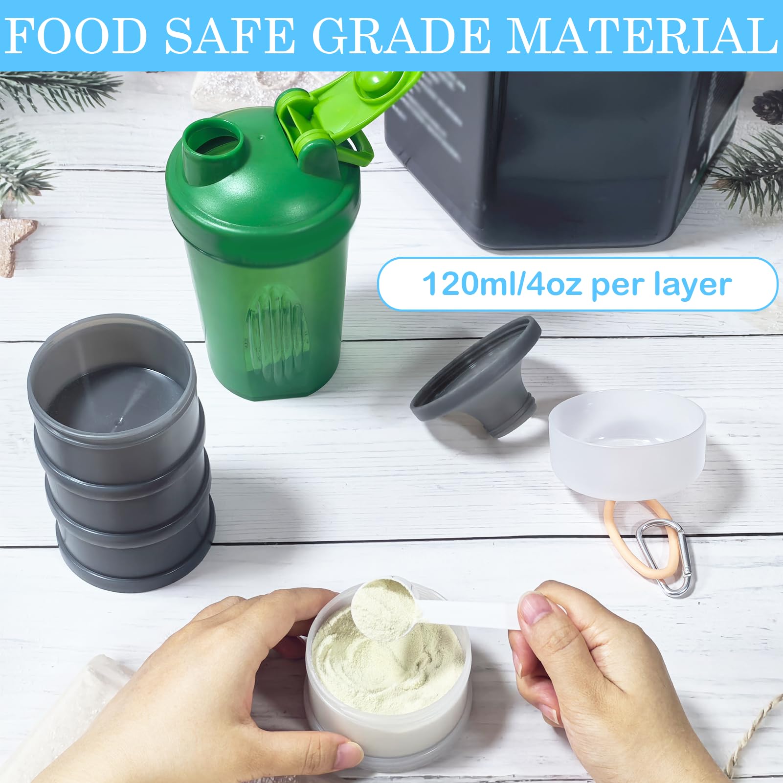 GIWOSK 2Pcs Protein Powder Travel Container, 4 Layers Stackable Leakproof Formula Container Dispenser To Go with Funnels Stand, Portable Keychain Protein Powder Container for Travel Workout Fitness
