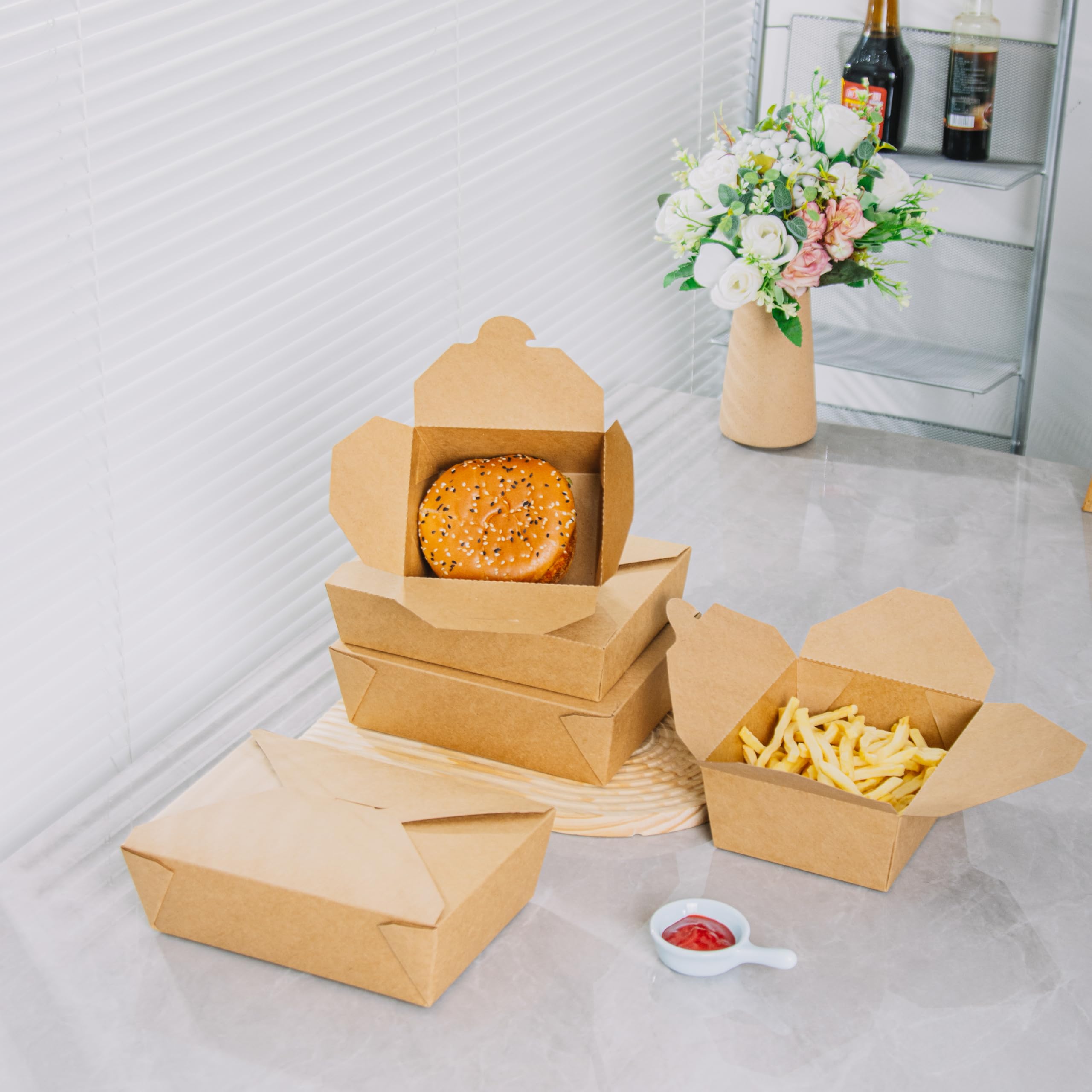 To Go Food Containers 50 Pack - Kraft Microwavable Folded Paper 30 oz Take-Out Container - Meal Prep, and Catering with Lids - Disposable, Freezer Safe - Restaurant, Home Pastry and Packaging Supplies