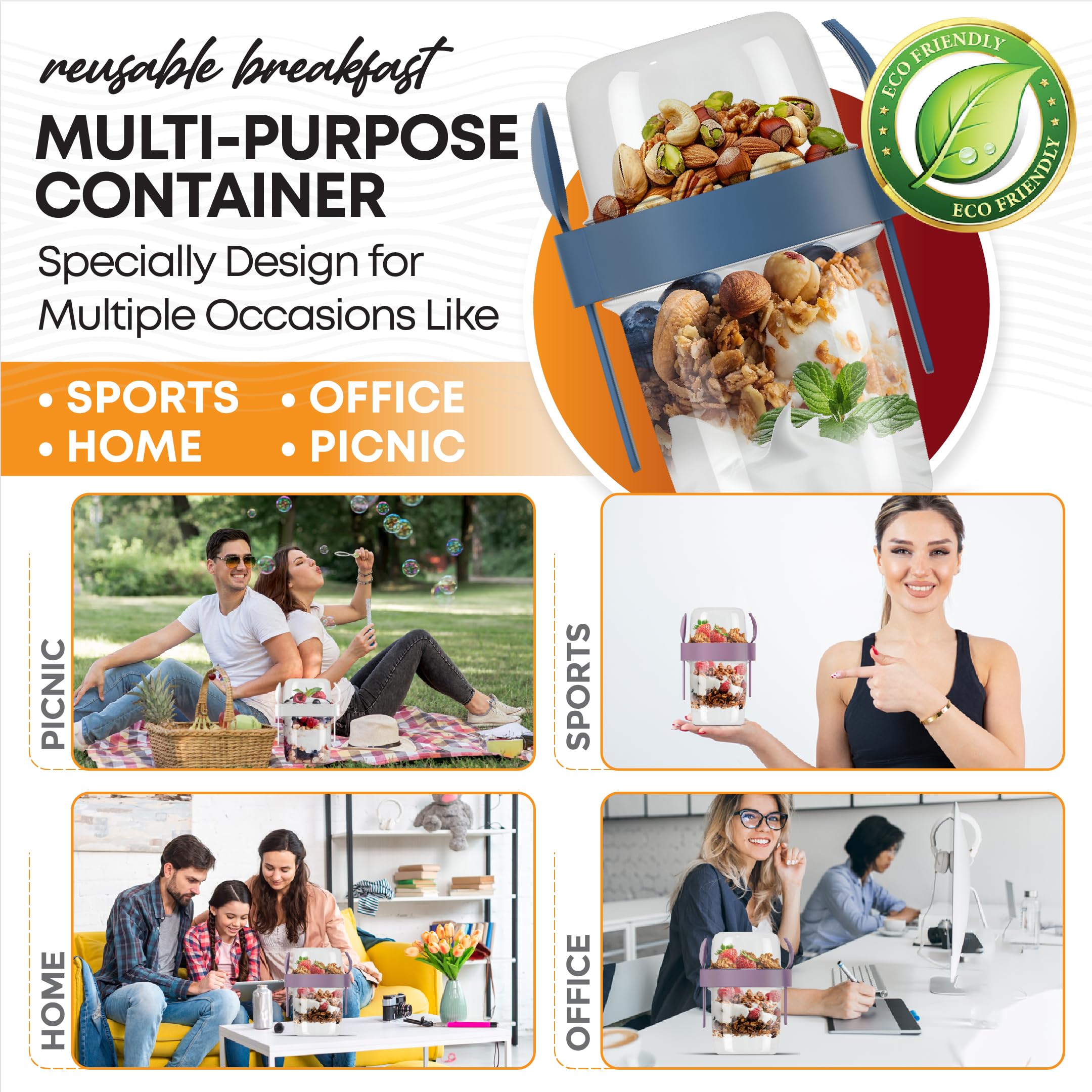 QUASLEQ 4-Pack Yogurt Parfait Cups - with Lids and Spoons - Reusable Yogurt Containers for On-the-Go - Portable Yogurt Cups with Topping Storage - Ideal for Oatmeal and Breakfast Prep (22 oz-650 Ml)