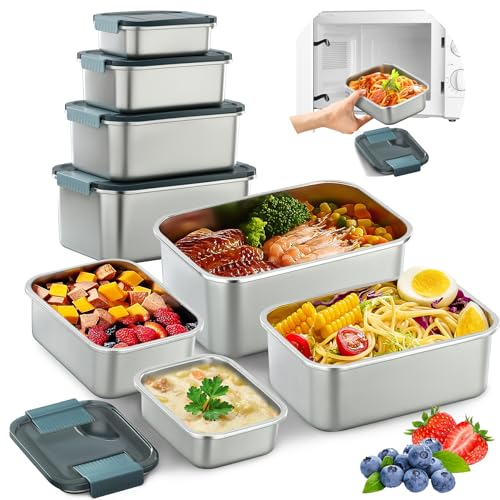 JXXM 4 Stainless Steel Food Storage Container Set With Lids - Easy Clean, Smell-Proof, Airtight & Leakproof Containers - 4Sizes (13oz/33oz/63oz/100oz) - 304 Stainless Steel(Blue lid)