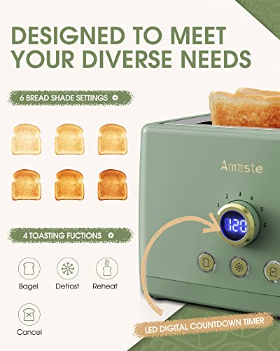 2 Slice Toaster, Retro Bread Toaster with LED Display, Extra Wide Slots Toasters with 6 Bread Shade Settings, Bagel, Cancel, Defrost Function, Stainless Steel with High Lift Lever, Removal Crumb Tray