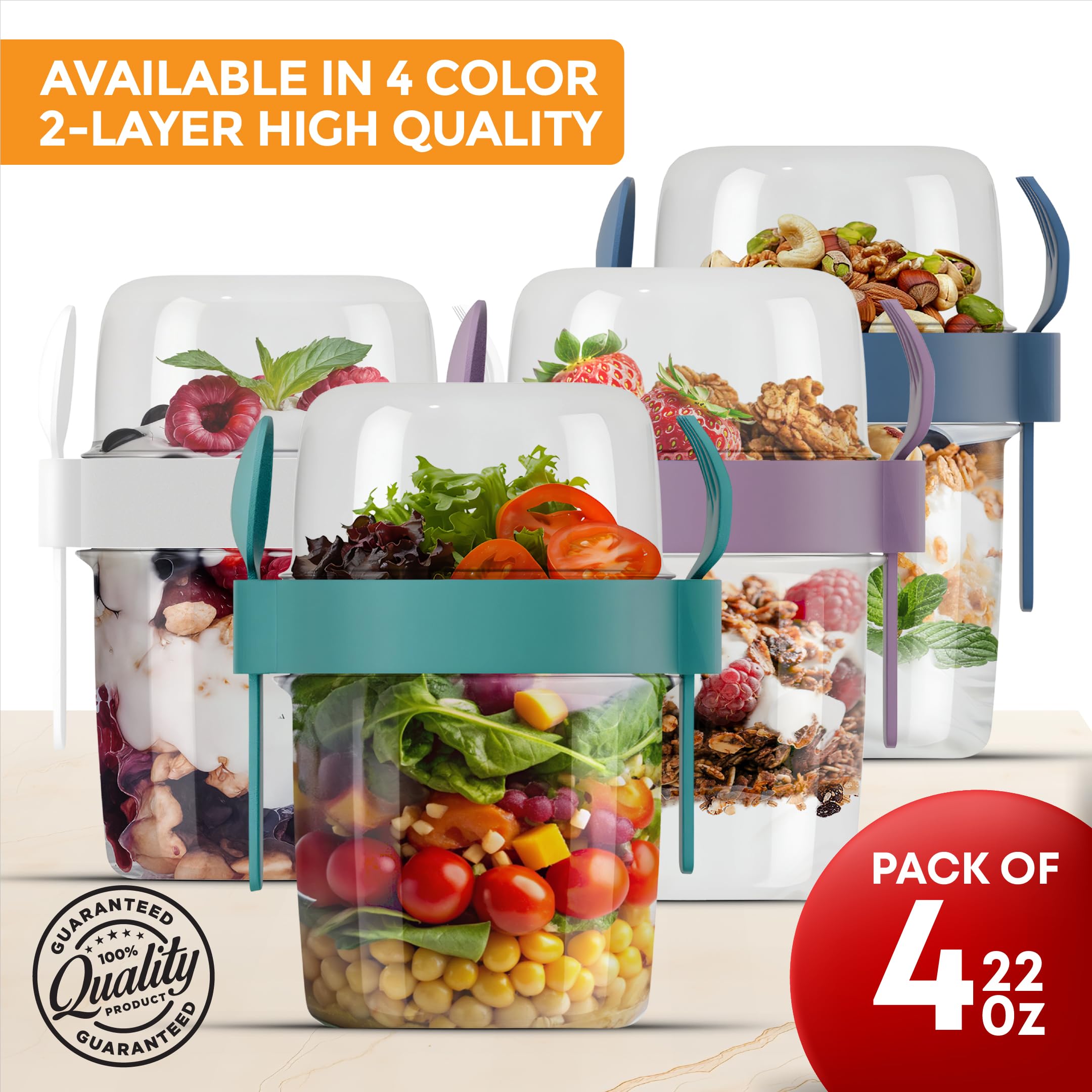 QUASLEQ 4-Pack Yogurt Parfait Cups - with Lids and Spoons - Reusable Yogurt Containers for On-the-Go - Portable Yogurt Cups with Topping Storage - Ideal for Oatmeal and Breakfast Prep (22 oz-650 Ml)