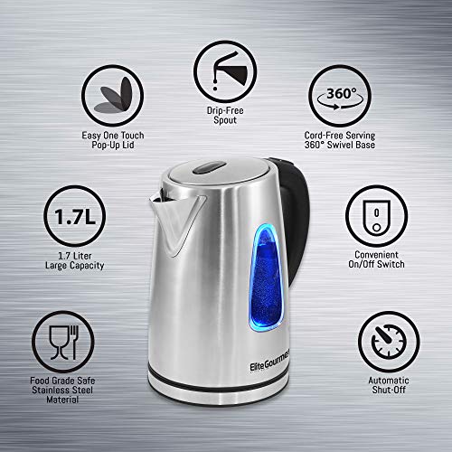 Elite Gourmet EKT-1271 Ultimate 1.7 Liter Electric Kettle – Stainless Steel Design & Cordless 360° Base, Stylish Blue LED Interior, Handy Auto Shut-Off Function – Quickly Boil Water For Tea & More