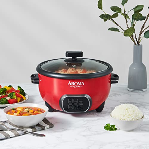 AROMA® 20-Cup (Cooked) Super Pot® Rice & Grain Cooker, Food Steamer & Multicooker with Sauté, Soup, and Spanish Rice Functions, Automatic Keep Warm Mode, Steam Rack Included, Red (ARC-1021DR)