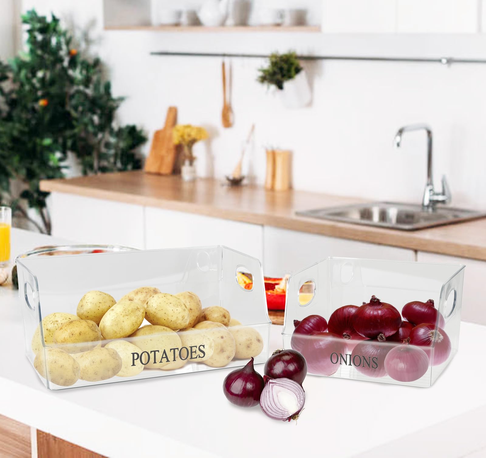 Yomjarl Potato and Onion Storage Bin 2pcs Fruit Basket Storage for Kitchen Countertop Potato and Onion Storage Basket Clear Storage Basket different sizes for Vegatable, Produce