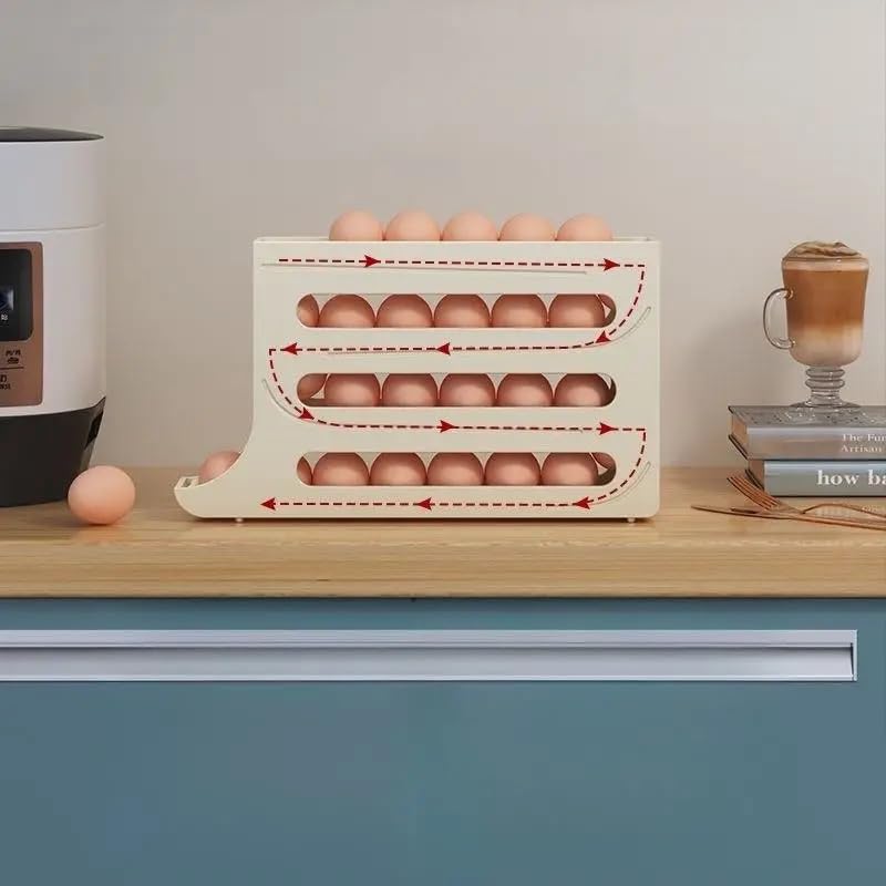 Egg Holder for Fridge - Auto Rolling Fridge Egg Organizer, Space-Saving Egg Dispenser Holder, 30 Eggs, 4 Tiers Fridge Egg Rack Large Capacity Egg Dispenser for Refrigerator (Beige)