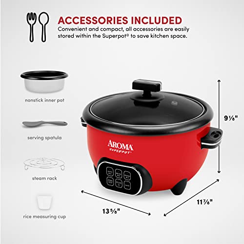 AROMA® 20-Cup (Cooked) Super Pot® Rice & Grain Cooker, Food Steamer & Multicooker with Sauté, Soup, and Spanish Rice Functions, Automatic Keep Warm Mode, Steam Rack Included, Red (ARC-1021DR)