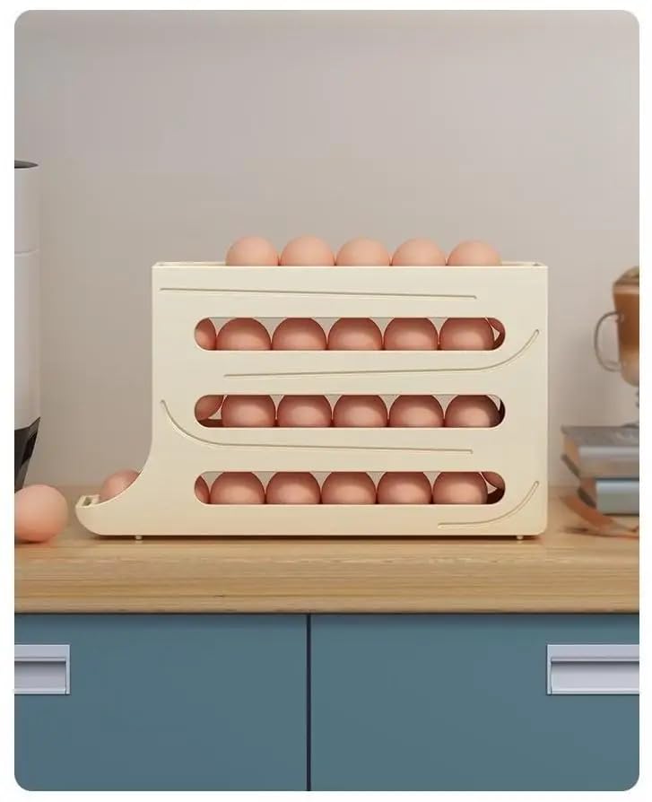 Egg Holder for Fridge - Auto Rolling Fridge Egg Organizer, Space-Saving Egg Dispenser Holder, 30 Eggs, 4 Tiers Fridge Egg Rack Large Capacity Egg Dispenser for Refrigerator (Beige)