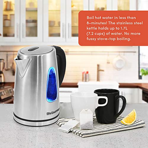 Elite Gourmet EKT-1271 Ultimate 1.7 Liter Electric Kettle – Stainless Steel Design & Cordless 360° Base, Stylish Blue LED Interior, Handy Auto Shut-Off Function – Quickly Boil Water For Tea & More