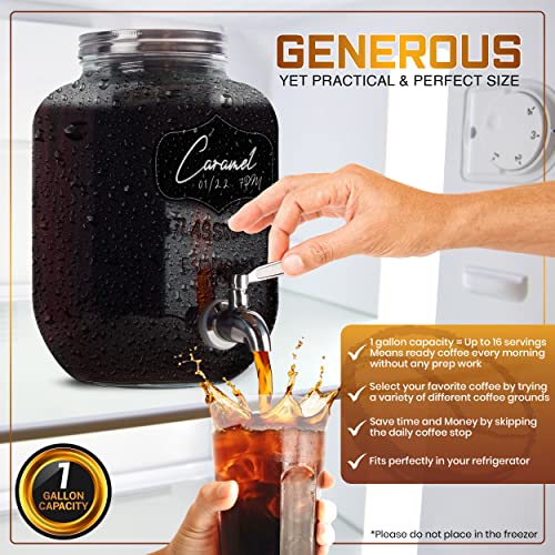 Cold Brew Coffee Maker, 1 Gallon Iced Coffee Maker, Cold Brew Mason Jar with Stainless Steel Filter, Large Iced Tea Maker With Thick Shatter Resistant Glass, Your Own Cold Brew Kit