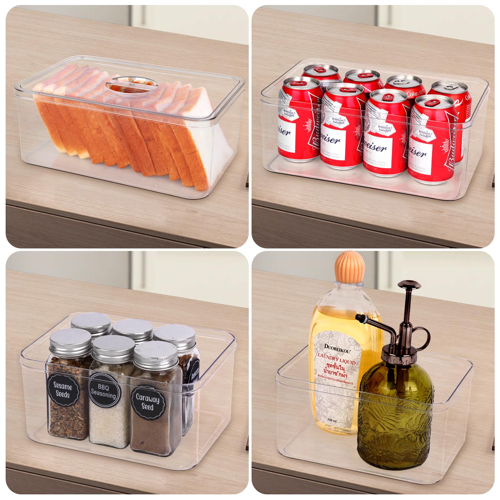 5 Pack Clear Plastic Storage Bins with Bamboo Lids, Stackable Storage Containers for Organizing Medicine Cabinet Organizer, Craft Room, Bread Box