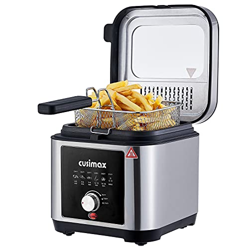 Deep Fryer CUSIMAX Electric Deep Fryer with Basket and Drip Hook, 2.6Qt Oil Capacity Fish Fryer, Removable Lid with View Window and Filter, Stainless Steel fryers, 1200W