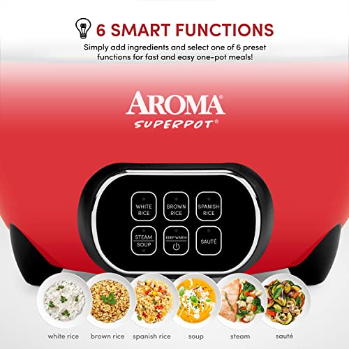 AROMA® 20-Cup (Cooked) Super Pot® Rice & Grain Cooker, Food Steamer & Multicooker with Sauté, Soup, and Spanish Rice Functions, Automatic Keep Warm Mode, Steam Rack Included, Red (ARC-1021DR)