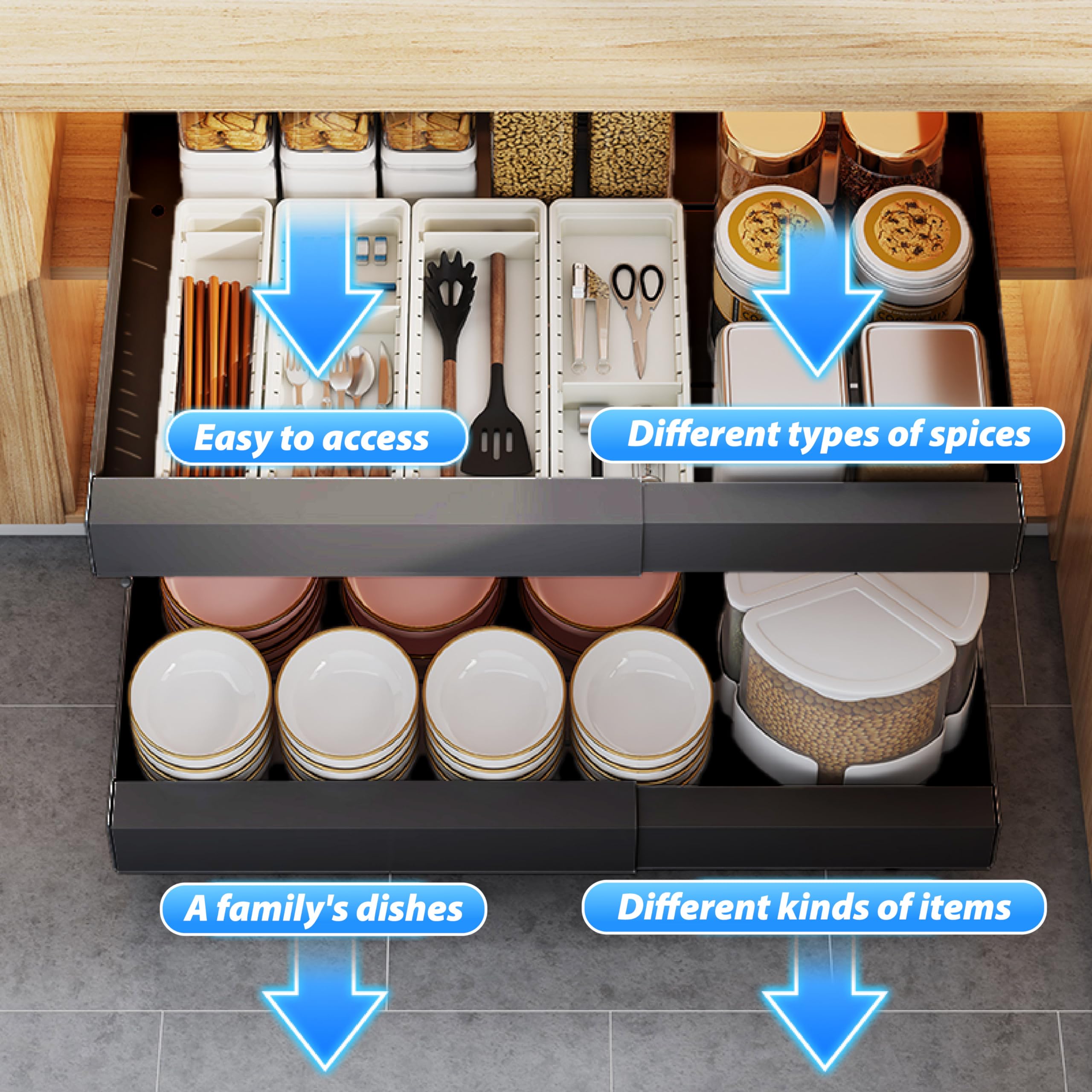 Expandable Pull out Cabinet Organizer with Sliding Drawer, Expandable (11.8"-18.1")Heavy Duty Slide out Drawer Adhesive Nano Film Slide Out Pantry Shelves for Kitchen,Bathroom,Pantry (2.7" H) (Black)