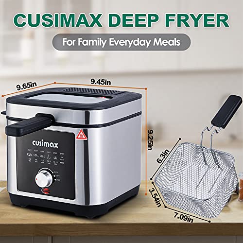 Deep Fryer CUSIMAX Electric Deep Fryer with Basket and Drip Hook, 2.6Qt Oil Capacity Fish Fryer, Removable Lid with View Window and Filter, Stainless Steel fryers, 1200W