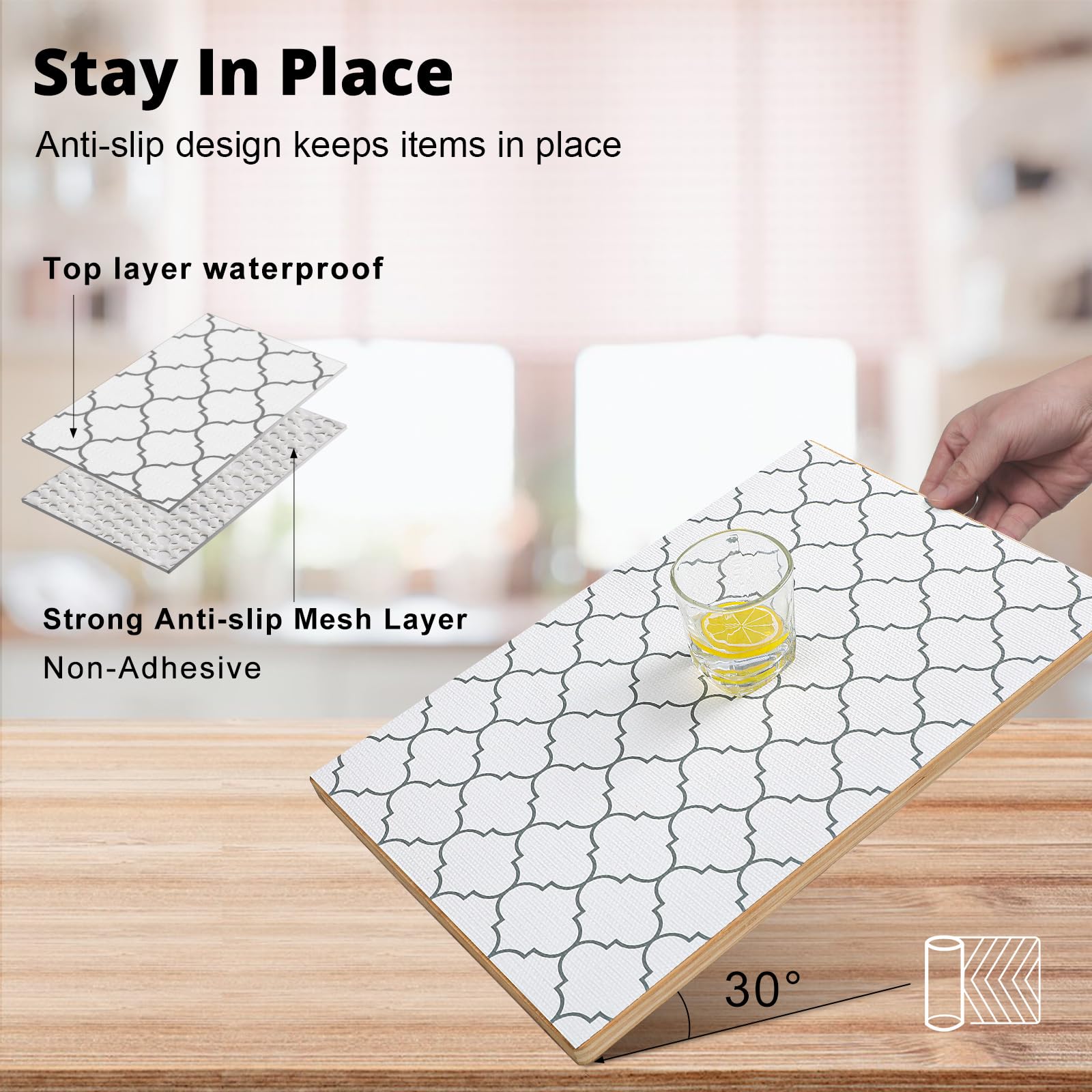 Drawer & Shelf Liner for Kitchen Cabinets, Non-Slip Non-Adhesive Shelf Paper Protect Dresser and Cupboard, Waterproof Drawer Mats for Bathroom, Easy Install