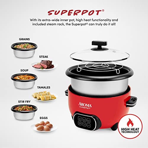 AROMA® 20-Cup (Cooked) Super Pot® Rice & Grain Cooker, Food Steamer & Multicooker with Sauté, Soup, and Spanish Rice Functions, Automatic Keep Warm Mode, Steam Rack Included, Red (ARC-1021DR)