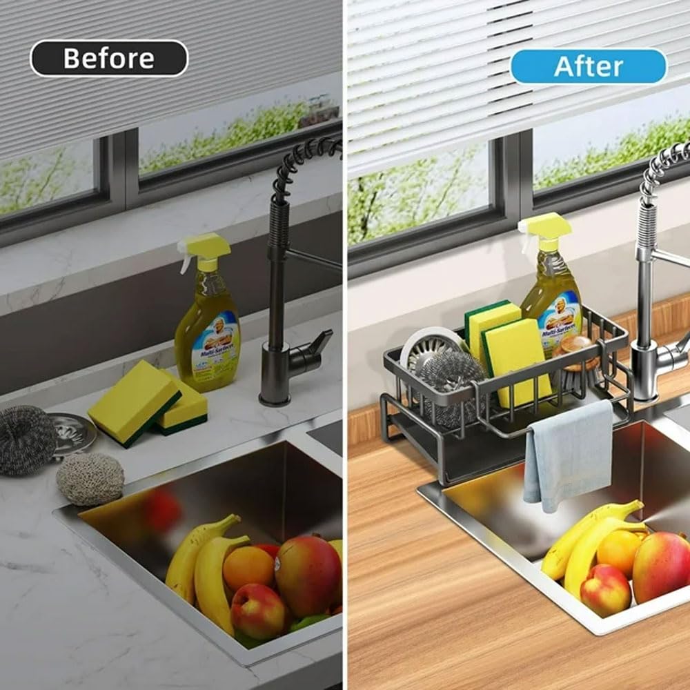 MTYKYHOO Sponge Holder Kitchen Sink Caddy Organizer with Dish Brush Holder, Rustproof Stainless Steel Sink Sponge Holder with Auto-Draining Tray (Black)